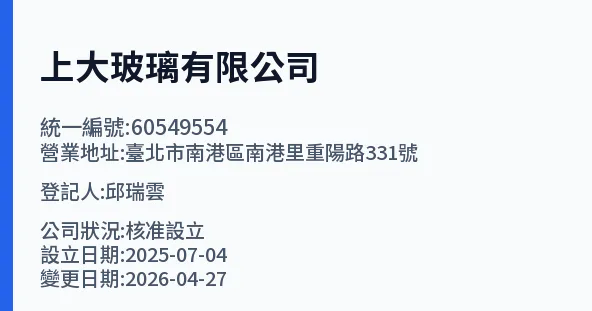 上大玻璃有限公司的照片-統編 60549554(臺北市) 公司登記資料與營業項目詳細圖表