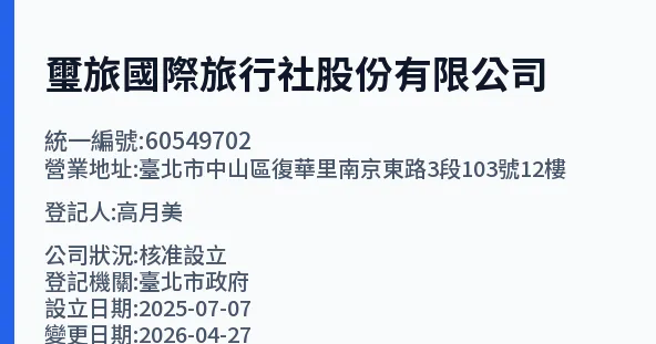 璽旅國際旅行社股份有限公司的照片-統編 60549702(臺北市) 公司登記資料與營業項目詳細圖表