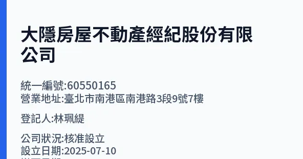 大隱房屋不動產經紀股份有限公司的照片-統編 60550165(臺北市) 公司登記資料與營業項目詳細圖表