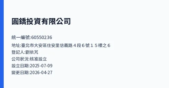 圓鐈投資有限公司的照片-統編 60550236(臺北市) 公司登記資料與營業項目詳細圖表