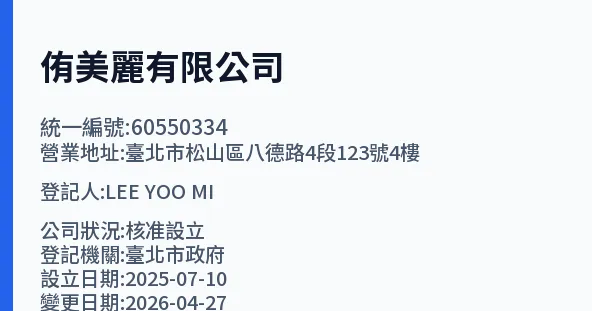 侑美麗有限公司的照片-統編 60550334(臺北市) 公司登記資料與營業項目詳細圖表