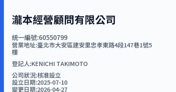 瀧本經營顧問有限公司的照片-統編 60550799(臺北市) 公司登記資料與營業項目詳細圖表