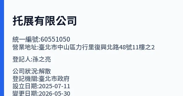 托展有限公司的照片-統編 60551050(臺北市) 公司登記資料與營業項目詳細圖表
