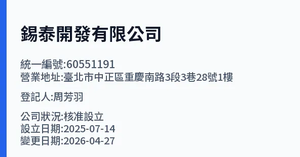 錫泰開發有限公司的照片-統編 60551191(臺北市) 公司登記資料與營業項目詳細圖表