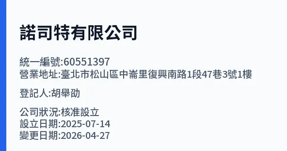 諾司特有限公司的照片-統編 60551397(臺北市) 公司登記資料與營業項目詳細圖表