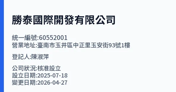 勝泰國際開發有限公司的照片-統編 60552001(臺南市) 公司登記資料與營業項目詳細圖表