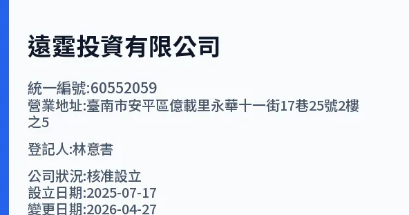 遠霆投資有限公司的照片-統編 60552059(臺南市) 公司登記資料與營業項目詳細圖表