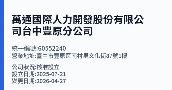 萬通國際人力開發股份有限公司台中豐原分公司的照片-統編 60552240(臺中市) 公司登記資料與營業項目詳細圖表