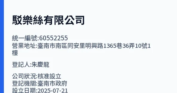 駁樂絲有限公司的照片-統編 60552255(臺南市) 公司登記資料與營業項目詳細圖表