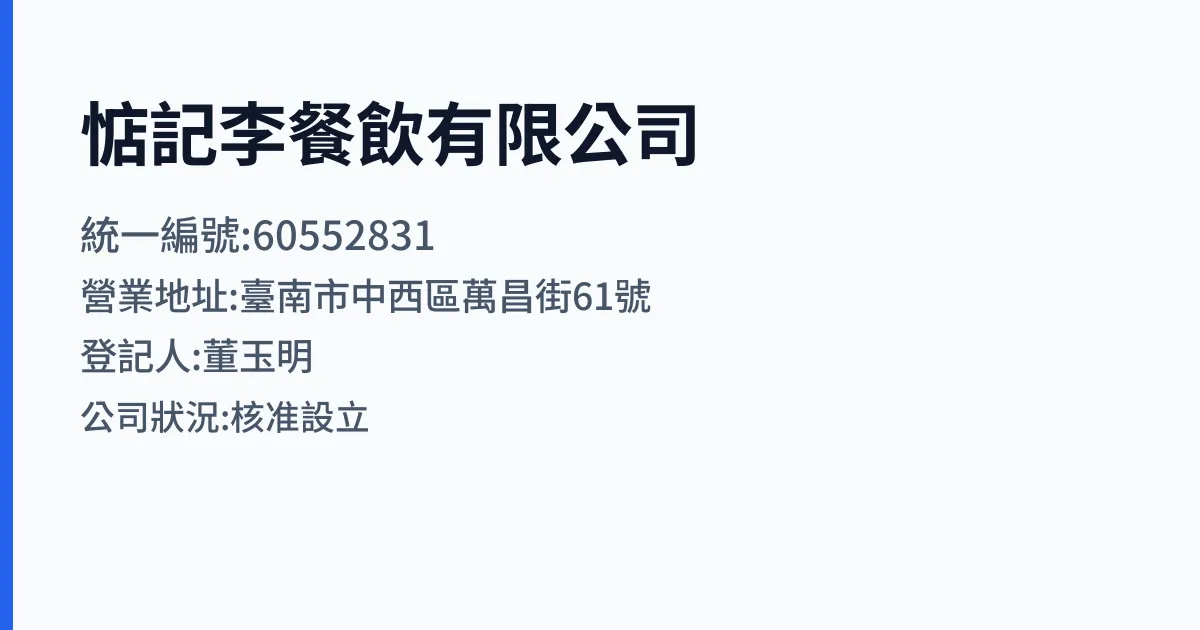 惦記李餐飲有限公司 - 統編 60552831(臺南市) 公司登記資料與營業項目詳細圖表