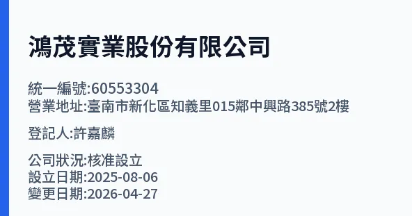 鴻茂實業股份有限公司的照片-統編 60553304(臺南市) 公司登記資料與營業項目詳細圖表
