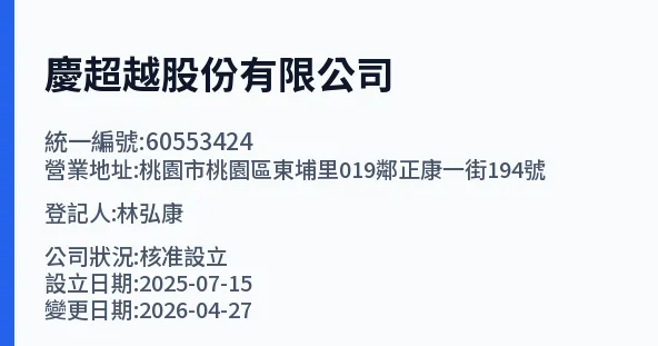 慶超越股份有限公司的照片-統編 60553424(桃園市) 公司登記資料與營業項目詳細圖表