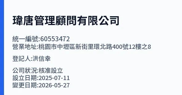 瑋唐管理顧問有限公司的照片-統編 60553472(桃園市) 公司登記資料與營業項目詳細圖表