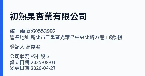 初熟果實業有限公司的照片-統編 60553992(新北市) 公司登記資料與營業項目詳細圖表