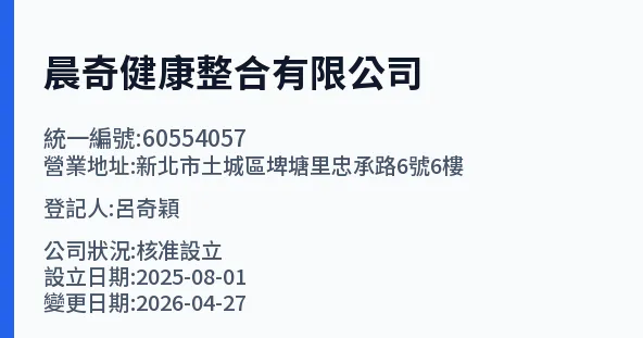 晨奇健康整合有限公司的照片-統編 60554057(新北市) 公司登記資料與營業項目詳細圖表