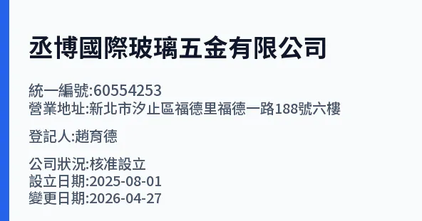 丞博國際玻璃五金有限公司的照片-統編 60554253(新北市) 公司登記資料與營業項目詳細圖表