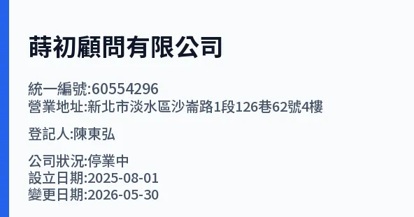 蒔初顧問有限公司的照片-統編 60554296(新北市) 公司登記資料與營業項目詳細圖表