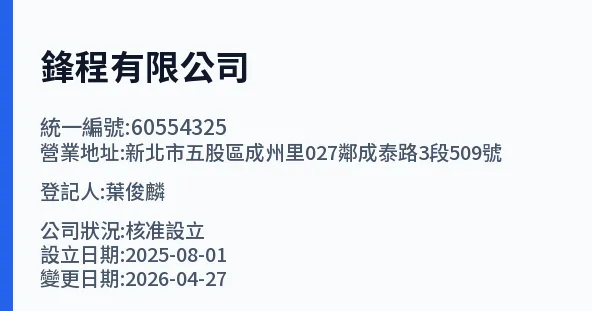 鋒程有限公司的照片-統編 60554325(新北市) 公司登記資料與營業項目詳細圖表