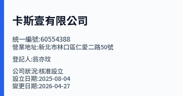 卡斯壹有限公司的照片-統編 60554388(新北市) 公司登記資料與營業項目詳細圖表