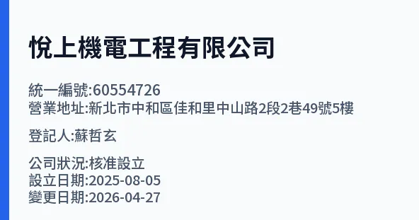 悅上機電工程有限公司的照片-統編 60554726(新北市) 公司登記資料與營業項目詳細圖表