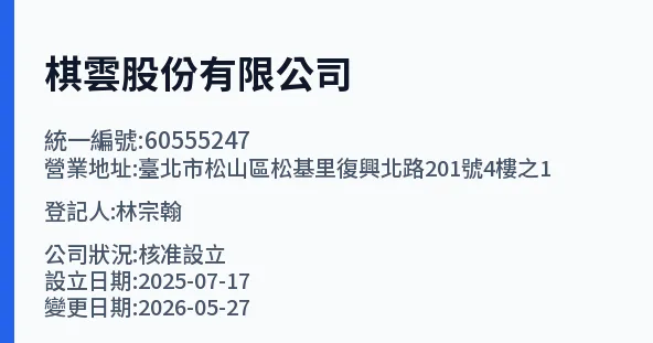 棋雲股份有限公司的照片-統編 60555247(臺北市) 公司登記資料與營業項目詳細圖表