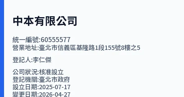 中本有限公司的照片-統編 60555577(臺北市) 公司登記資料與營業項目詳細圖表