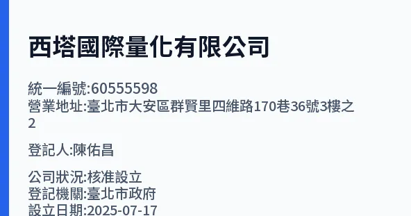 西塔國際量化有限公司的照片-統編 60555598(臺北市) 公司登記資料與營業項目詳細圖表