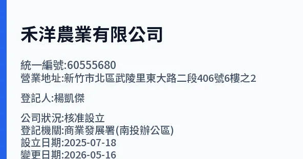 禾洋農業有限公司的照片-統編 60555680(新竹市) 公司登記資料與營業項目詳細圖表