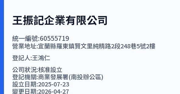 王振記企業有限公司的照片-統編 60555719(宜蘭縣) 公司登記資料與營業項目詳細圖表
