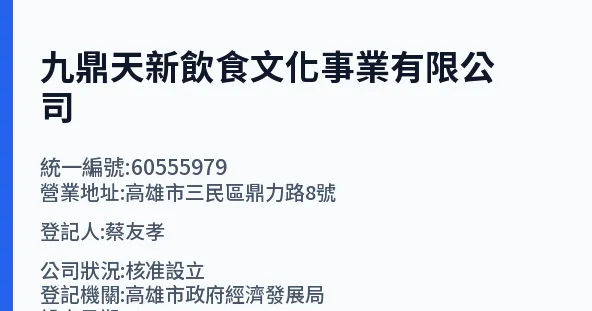 九鼎天新飲食文化事業有限公司的照片-統編 60555979(高雄市) 公司登記資料與營業項目詳細圖表