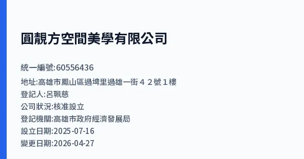 圓靚方空間美學有限公司的照片-統編 60556436(高雄市) 公司登記資料與營業項目詳細圖表