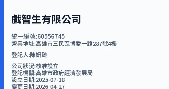 戲智生有限公司的照片-統編 60556745(高雄市) 公司登記資料與營業項目詳細圖表