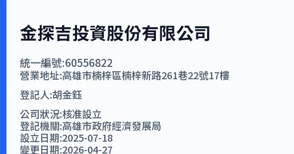 金探吉投資股份有限公司的照片-統編 60556822(高雄市) 公司登記資料與營業項目詳細圖表