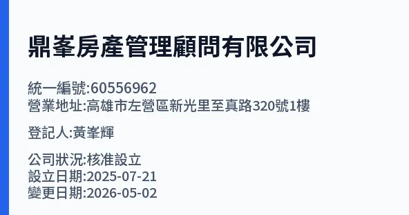 鼎峯房產管理顧問有限公司的照片-統編 60556962(高雄市) 公司登記資料與營業項目詳細圖表