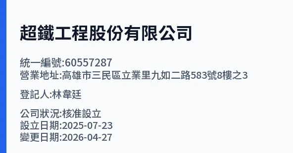 超鐵工程股份有限公司的照片-統編 60557287(高雄市) 公司登記資料與營業項目詳細圖表