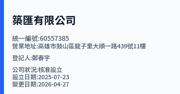 築匯有限公司的照片-統編 60557385(高雄市) 公司登記資料與營業項目詳細圖表