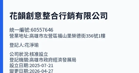 花韻創意整合行銷有限公司的照片-統編 60557646(高雄市) 公司登記資料與營業項目詳細圖表