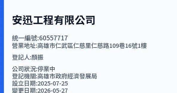 安迅工程有限公司的照片-統編 60557717(高雄市) 公司登記資料與營業項目詳細圖表