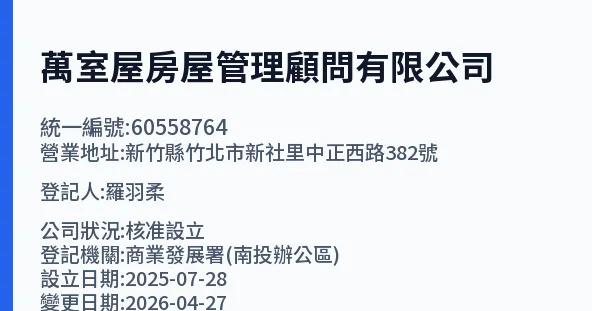 萬室屋房屋管理顧問有限公司的照片-統編 60558764(新竹縣) 公司登記資料與營業項目詳細圖表