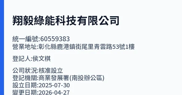 翔毅綠能科技有限公司的照片-統編 60559383(彰化縣) 公司登記資料與營業項目詳細圖表