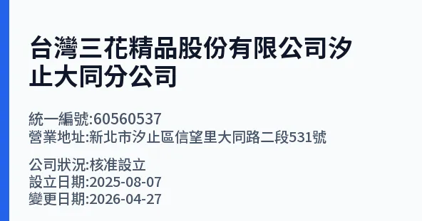 台灣三花精品股份有限公司汐止大同分公司的照片-統編 60560537(新北市) 公司登記資料與營業項目詳細圖表