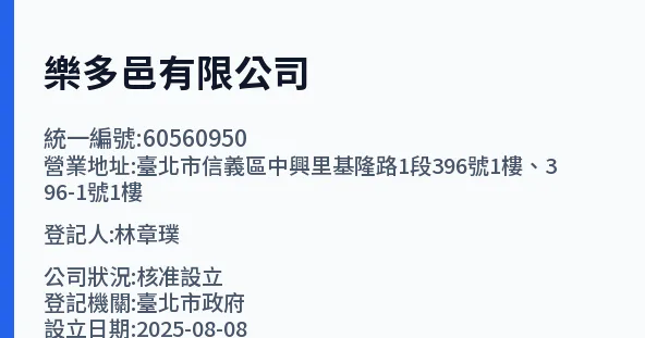 樂多邑有限公司的照片-統編 60560950(臺北市) 公司登記資料與營業項目詳細圖表