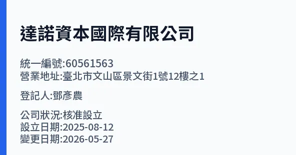 達諾資本國際有限公司的照片-統編 60561563(臺北市) 公司登記資料與營業項目詳細圖表