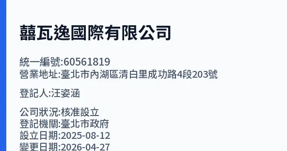 囍瓦逸國際有限公司的照片-統編 60561819(臺北市) 公司登記資料與營業項目詳細圖表