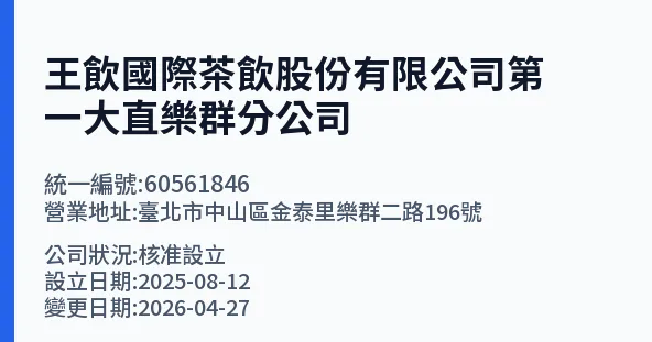 王飲國際茶飲股份有限公司第一大直樂群分公司的照片-統編 60561846(臺北市) 公司登記資料與營業項目詳細圖表
