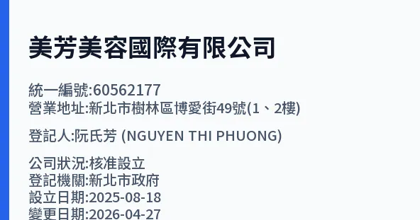 美芳美容國際有限公司的照片-統編 60562177(新北市) 公司登記資料與營業項目詳細圖表