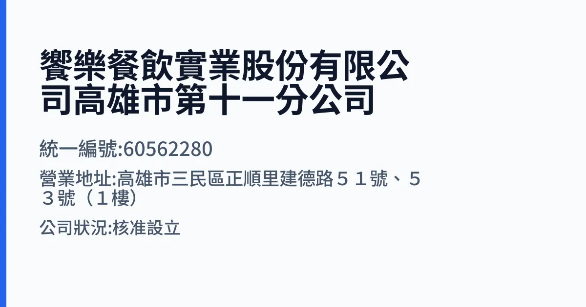 饗樂餐飲實業股份有限公司高雄市第十一分公司 - 統編 60562280(高雄市) 公司登記資料與營業項目詳細圖表