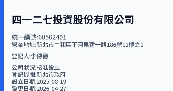 四一二七投資股份有限公司的照片-統編 60562401(新北市) 公司登記資料與營業項目詳細圖表