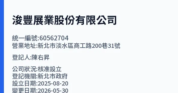 浚豐展業股份有限公司的照片-統編 60562704(新北市) 公司登記資料與營業項目詳細圖表