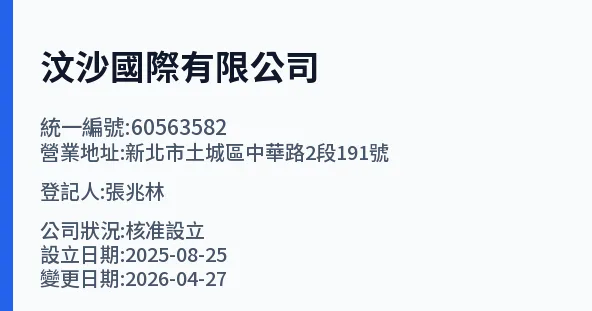 汶沙國際有限公司的照片-統編 60563582(新北市) 公司登記資料與營業項目詳細圖表